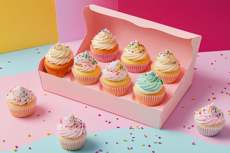 A Single Craft Box of Cupcakes Styled on a Pastel-colored Table with ...