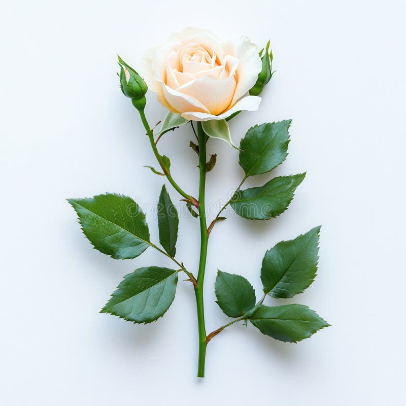 Single Cream Rose with Buds and Green Leaves on White Background Stock ...