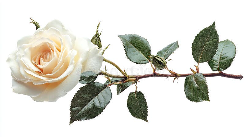 Single Cream Rose with Stem and Leaves Isolated on White Background ...