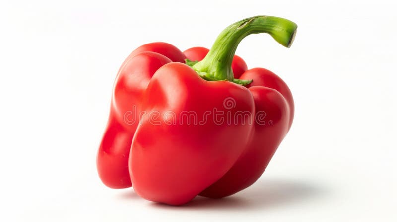 Single Crisp Red Bell Pepper with Green Stem on a White Background Shot ...