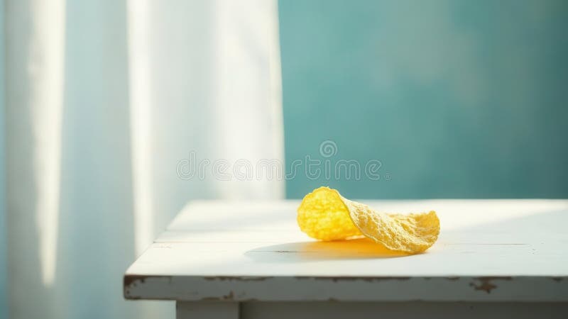 A Single, Crispy Potato Chip Rests on a Rustic White Table, Bathed in ...