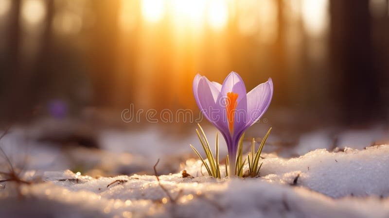 Single Crocus Flower Emerging from Snow at Forest Sunset. Stock Photo ...