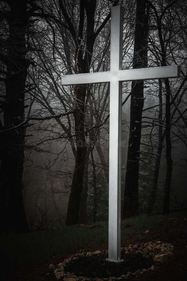 The white cross stock photo. Image of dark, forest, foggy - 116665764