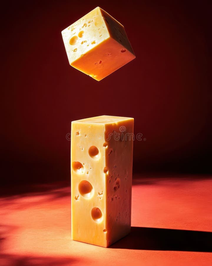 Floating Cheddar Cheese Cube Casts a Gentle Shadow in a Simplistic ...