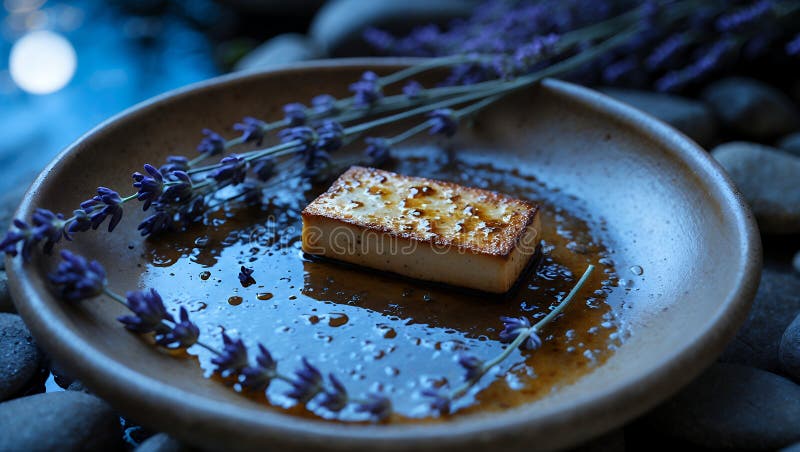 Single Cube Dessert with Lavender on a Ceramic Plate Display Stock ...