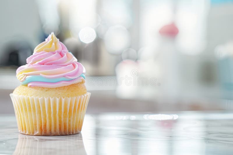 Single Cupcake with Colorful Icing on Table Stock Illustration ...