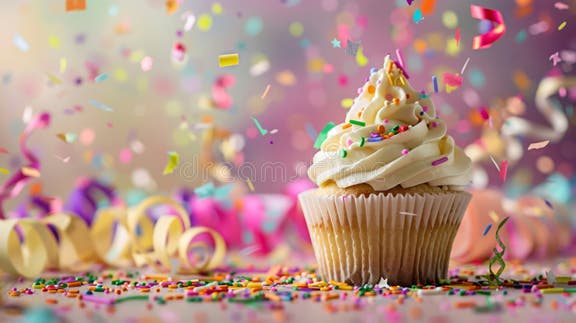 A Single Cupcake with Confetti and Streamers Stock Illustration ...