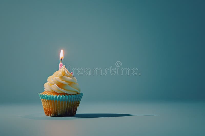 Single Cupcake with Lit Candle. Birthday Celebration on Teal Background AI Image Stock ...