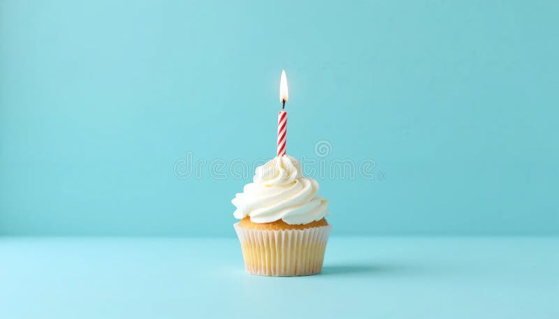 Single Cupcake with Lit Candle on Light Blue Background. Generative AI Stock Illustration ...