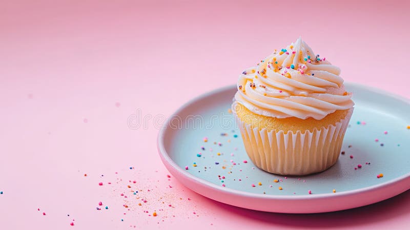 A Single Cupcake Styled on a Pastel-colored Plate, with Crumbs Stock ...