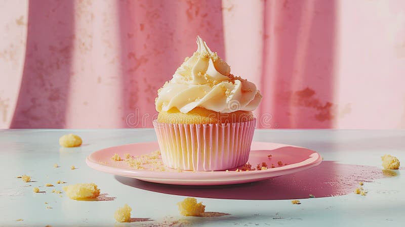 A Single Cupcake Styled on a Pastel-colored Plate, with Crumbs Stock ...
