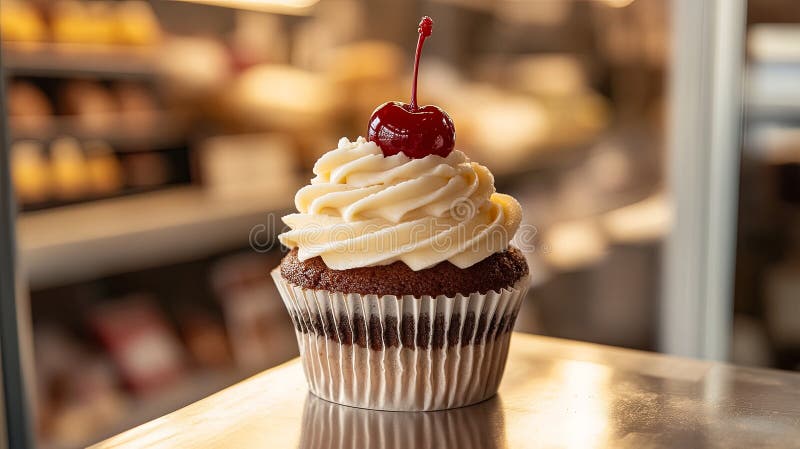 A Single Cupcake Topped with a Cherry, Styled in a Bright Bakery Stock ...