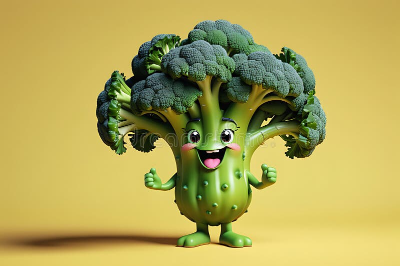 A Single Cute Broccoli As a 3D Rendered Character Over Solid Color ...