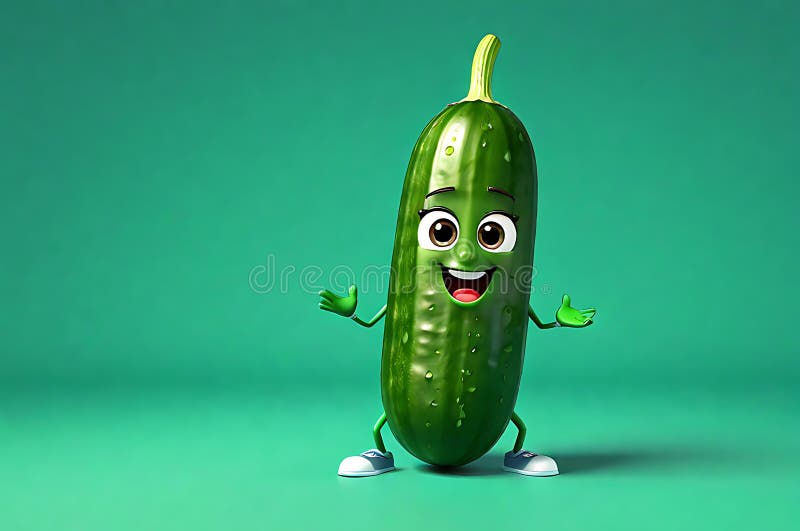 A Single Cute Cucumber As a 3D Rendered Character Over Solid Color ...