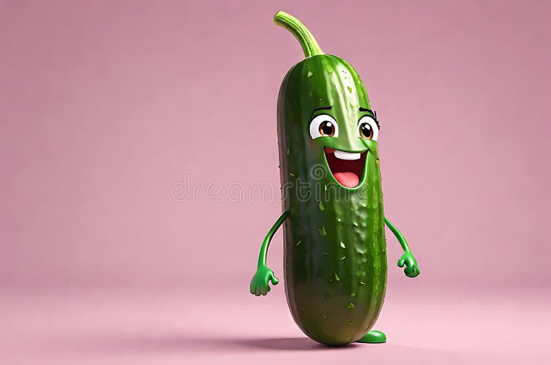 A Single Cute Cucumber As a 3D Rendered Character Over Solid Color ...