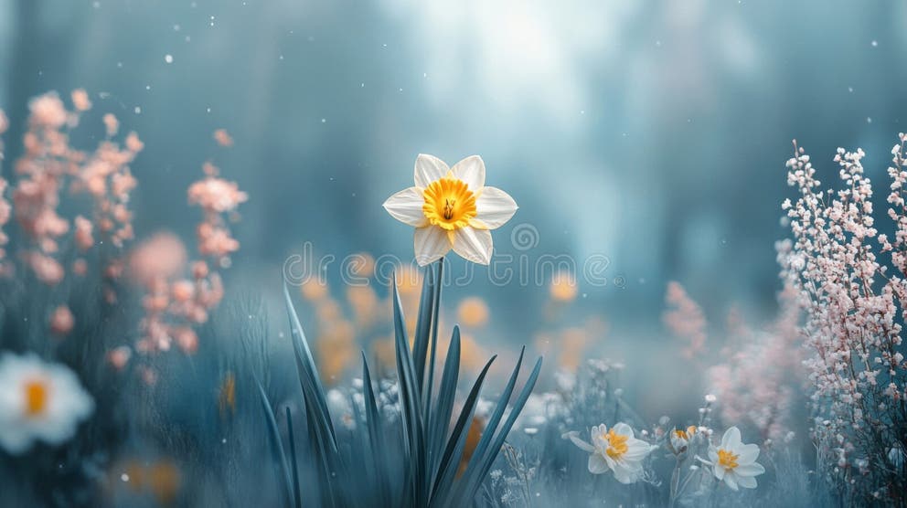 A Single Daffodil Blooms in a Soft Blue Garden Stock Illustration ...