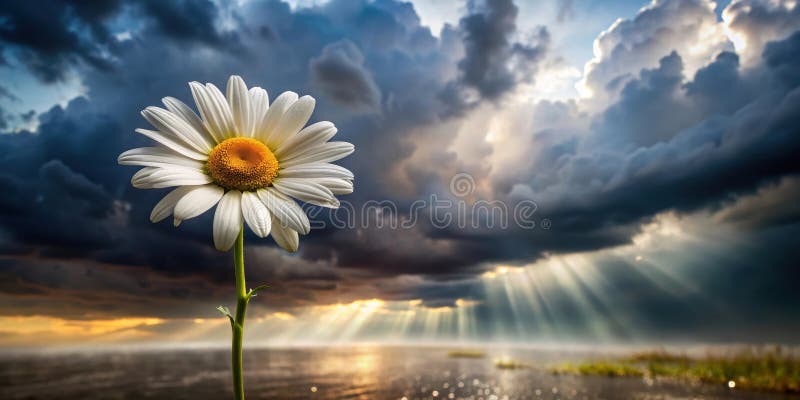 Single Daisy Against a Dramatic Sunset Sky with Sun Rays Breaking ...