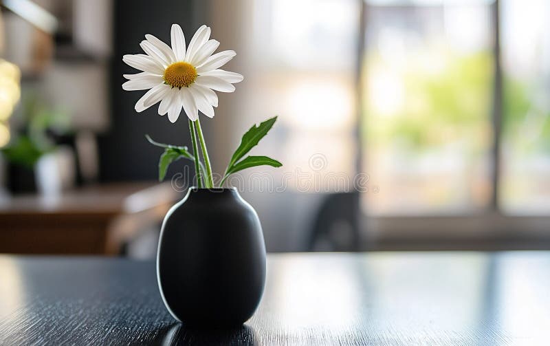 A Single Daisy in a Sleek Black Vase on a Shiny Table, Bright Light ...