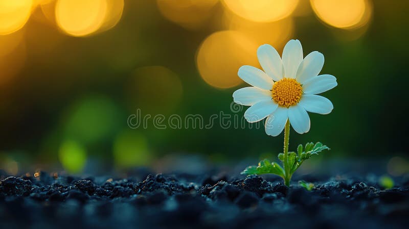 Single Daisy Sprouting from Dark Soil at Sunrise Stock Illustration ...