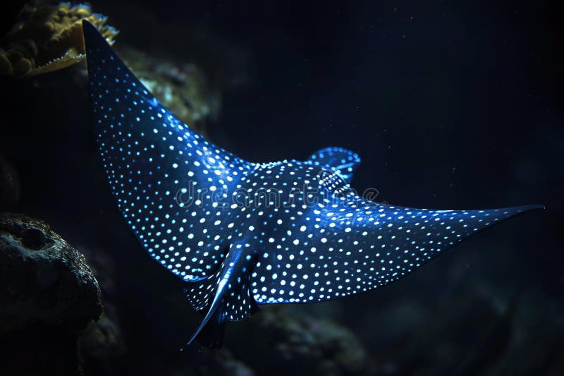 A Single, Dark Blue Eagle Ray with White Dots that Resembles the Night ...