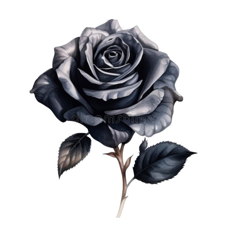 A Single Dark Grey Rose with Stem and Leaves Stock Illustration ...
