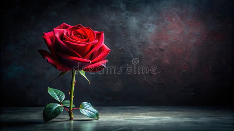 Single Dark Red Rose on a Grey Surface Against a Dramatic Background ...