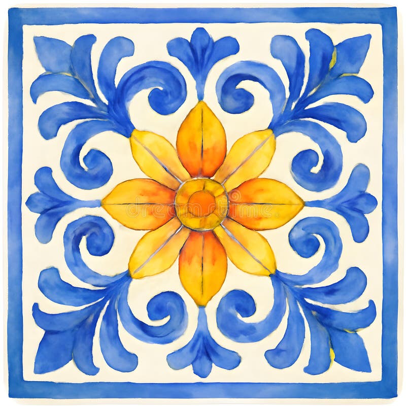 A Single Decorative Tile Features a Vibrant Blue and Orange Floral ...
