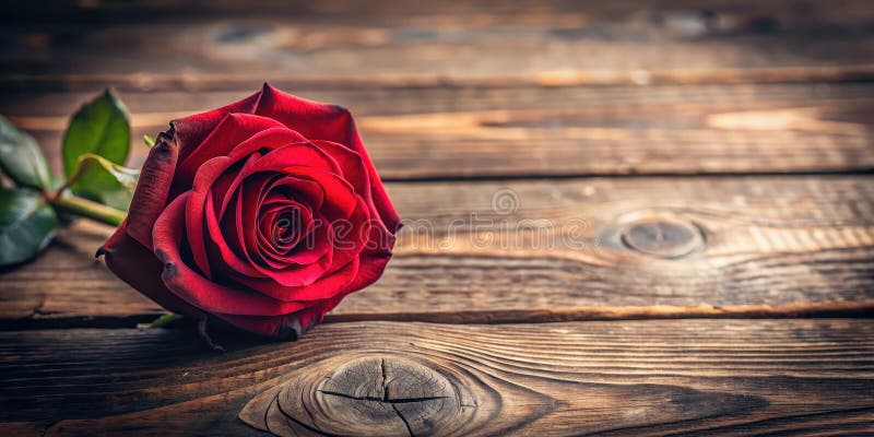 A Single, Deep Red Rose Rests Gently on a Rustic Wooden Surface ...