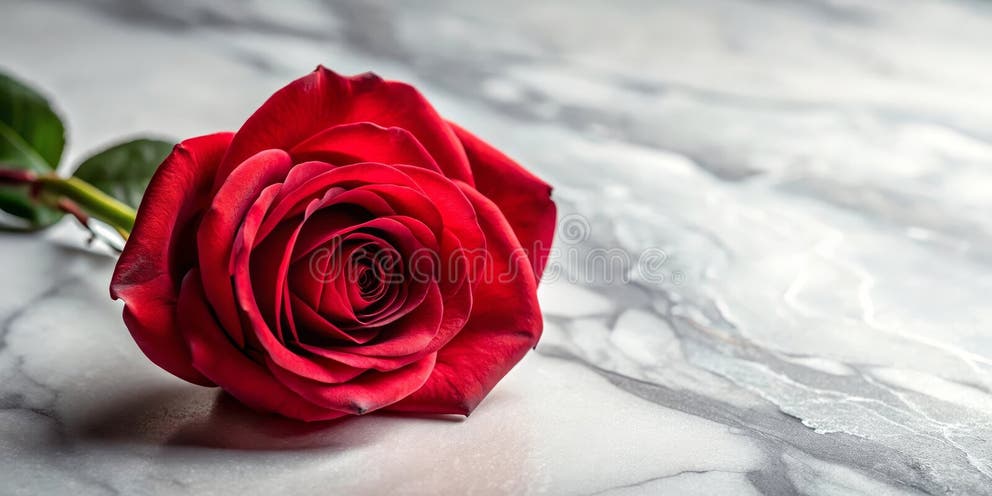 A Single, Deep Red Rose Rests Gracefully on a Smooth, Grey Marble ...