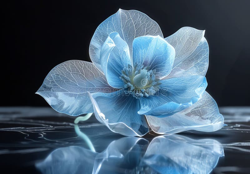 Single Delicate Blue Flower Sitting on a Reflective Surface Against a ...