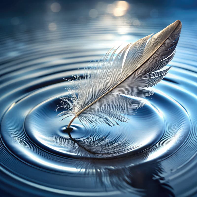 Feather Gracefully Resting on Shimmering Silver Liquid with Ripples ...