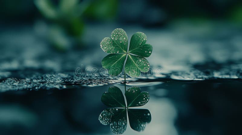 Single Dew-covered Clover Leaf Reflected on Dark Wet Ground Stock Photo ...