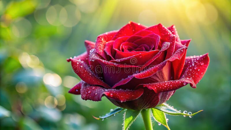 A Single Dew-kissed Crimson Rose in Soft Sunlight. Generative AI Stock ...
