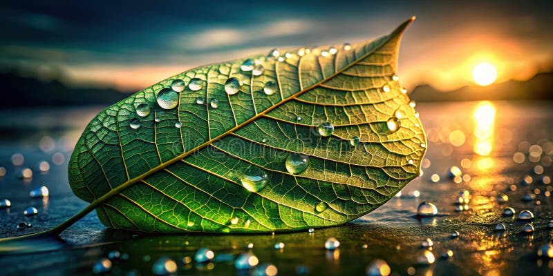 A Single Dew-kissed Leaf Rests Serenely on a Dark Surface, Bathed in ...