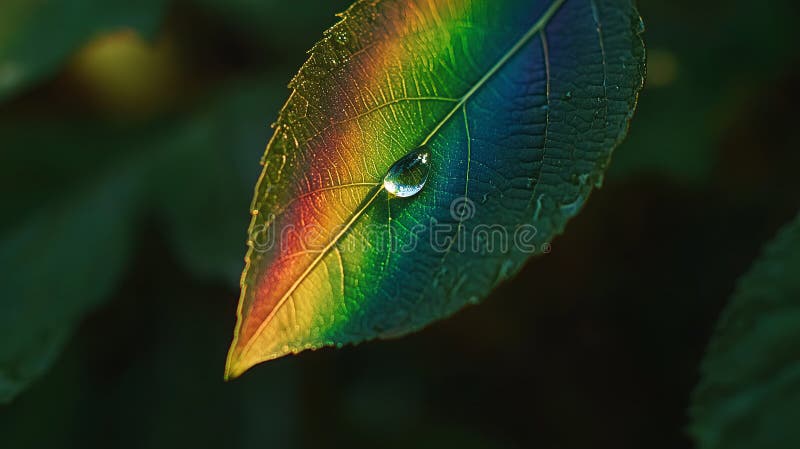 A Single Dewdrop Reflecting a Rainbow Spectrum, Resting on a Green ...