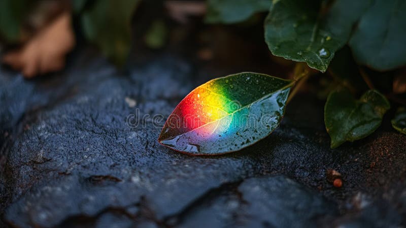 A Single Dewdrop Reflecting a Rainbow Spectrum, Resting on a Green ...