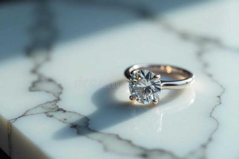 Single Diamond Engagement Ring on Polished Marble Slab , Still Life ...