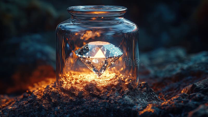 A Single Diamond Styled in a Small Glass Case with a Glowing Spotlight ...