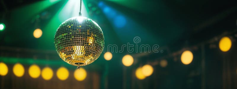 A Single Disco Ball Hangs from the Ceiling, Reflecting Green and Yellow ...