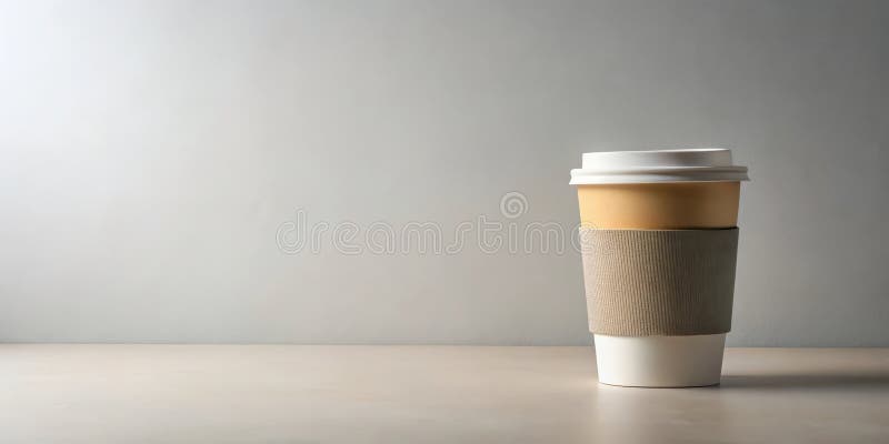 A Single Disposable Coffee Cup with a Cardboard Sleeve Sits on a Light ...
