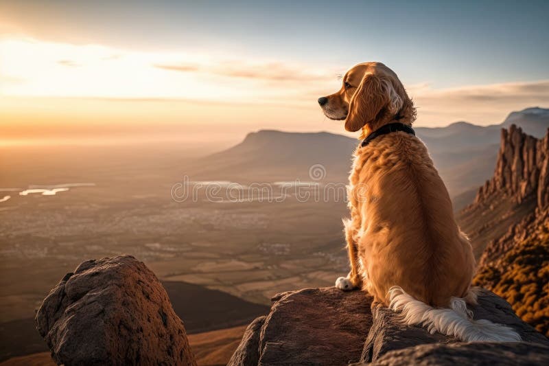 Single Dog, Sitting on Mountain Peak, with View of the Surrounding ...