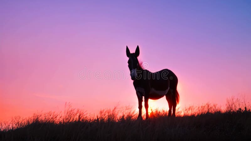 A Single Donkey Stands in Silhouette Against a Vibrant Sunset Sky, with ...