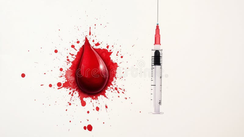 A Single Drop of Blood Rests Next To a Syringe on a Plain Backdrop ...