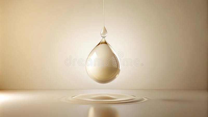 A Single Drop of Golden Liquid Falls Onto a Smooth Surface, Creating a ...
