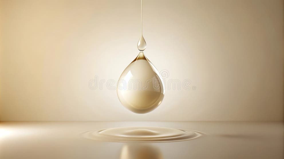 A Single Drop of Golden Liquid Falls Onto a Smooth Surface, Creating a ...