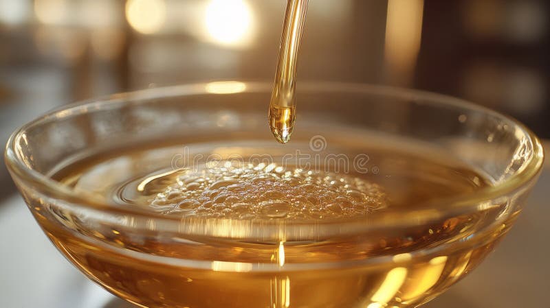 A Single Drop of Liquid Falling into a Glass of Golden Liquid Stock ...