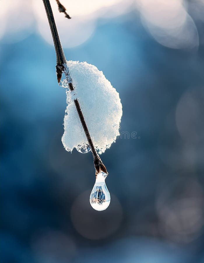 A Single Drop of Melted Snow Hanging Off a Thin Branch Representing ...