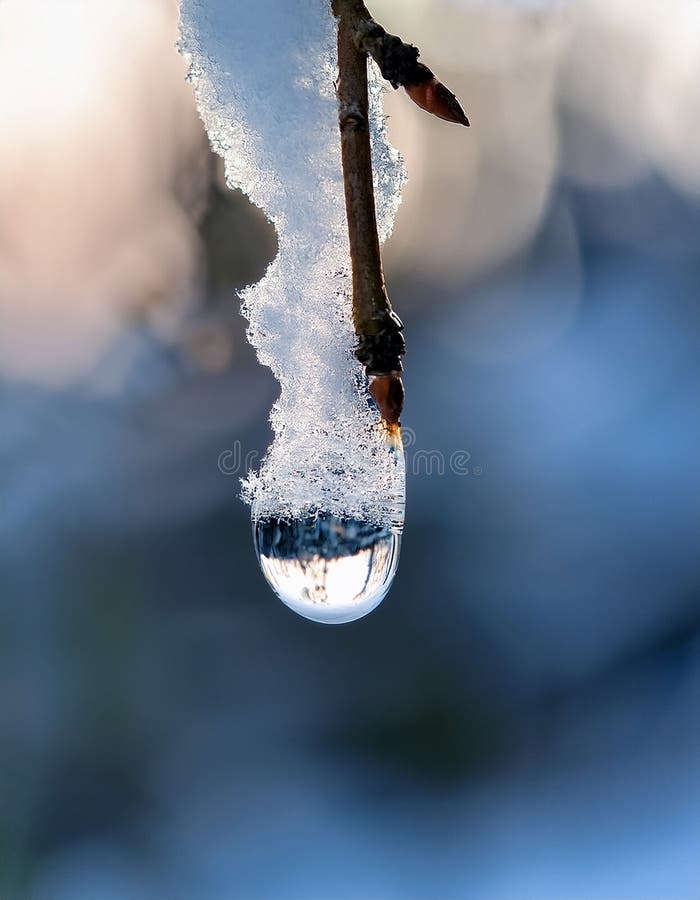 A Single Drop of Melted Snow Hanging Off a Thin Branch Representing ...