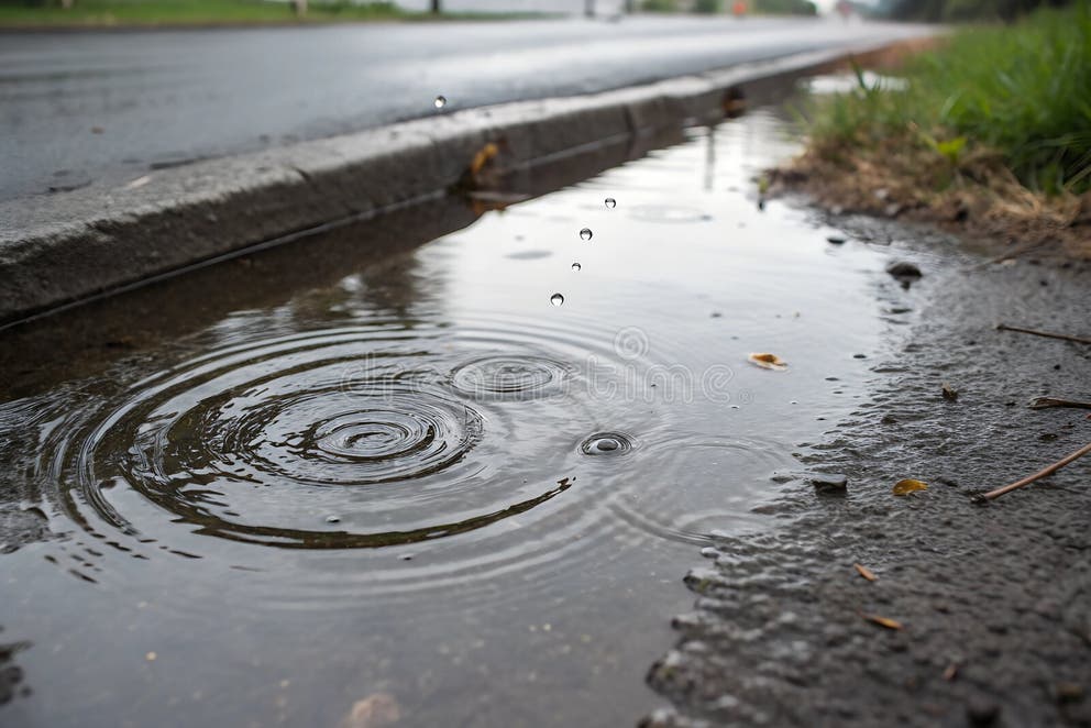 Concentric Ripples Form in a Small Puddle As a Single Drop Falls on a ...