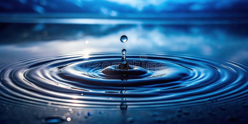 A Single Drop of Water Creates Concentric Ripples on a Still Dark Blue ...
